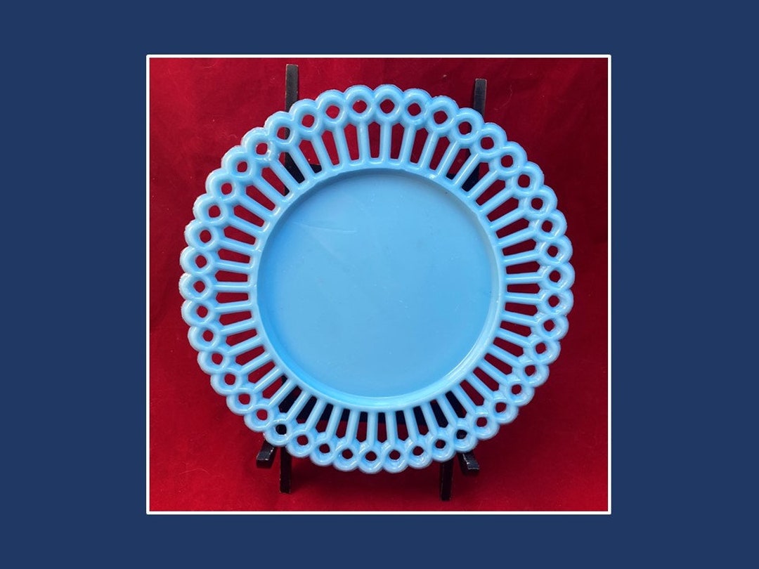 Vintage Blue Milk Glass Lattice Edge Plate, Blue Opaline Glass, EAPG, 8 ...