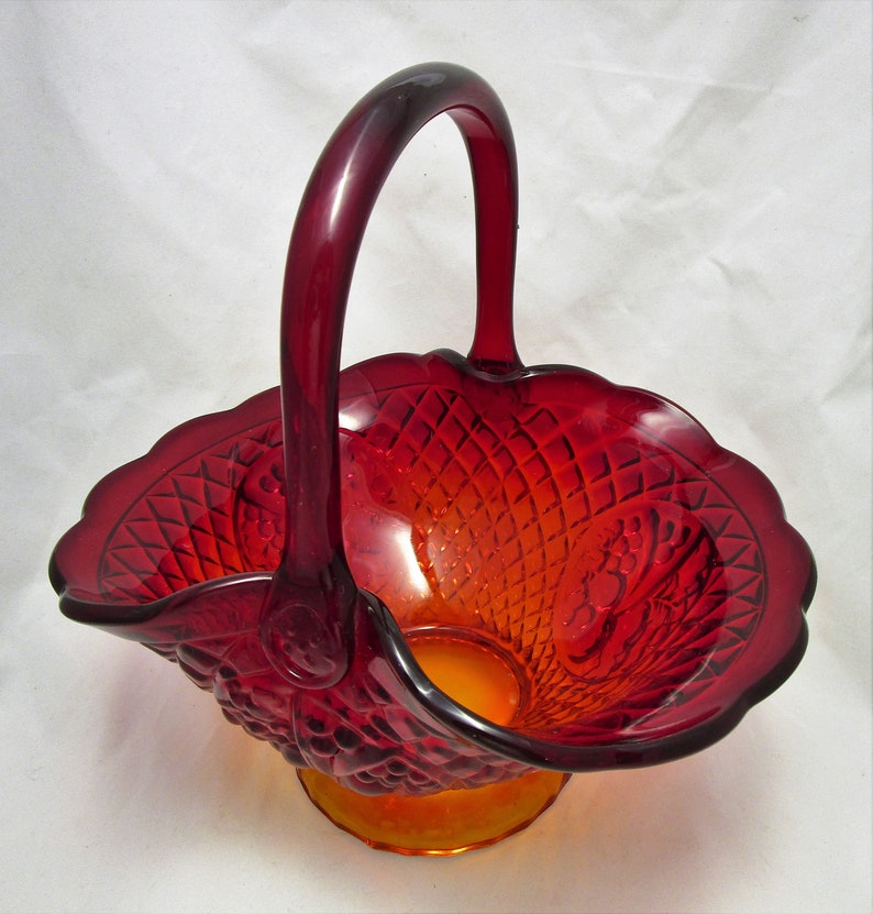 Large Indiana Glass Amberina Glass Basket, Canturbury Sunset Pattern ...