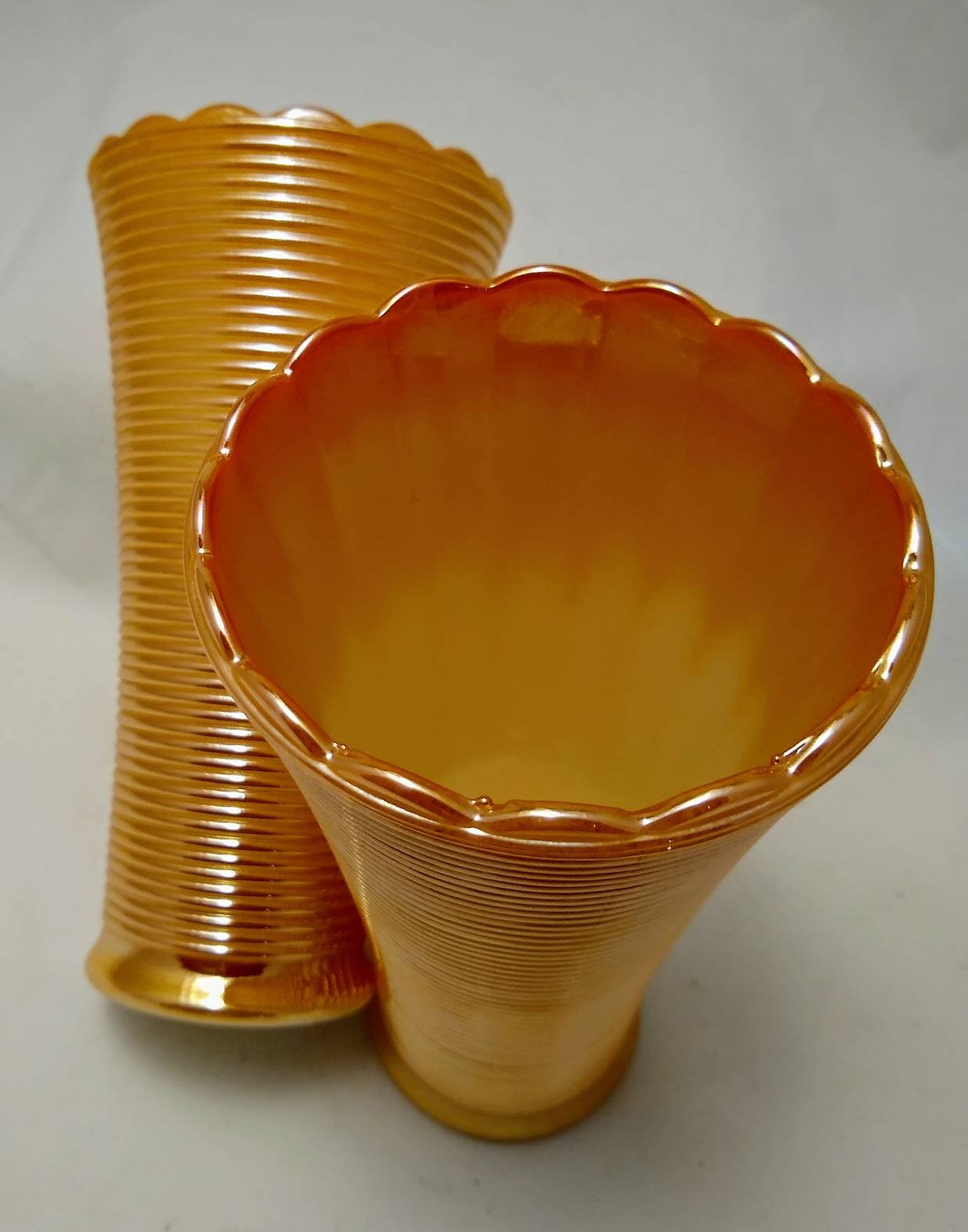 Peach Lustre Fire-king Vases Two Mid Century Flared Rim - Etsy