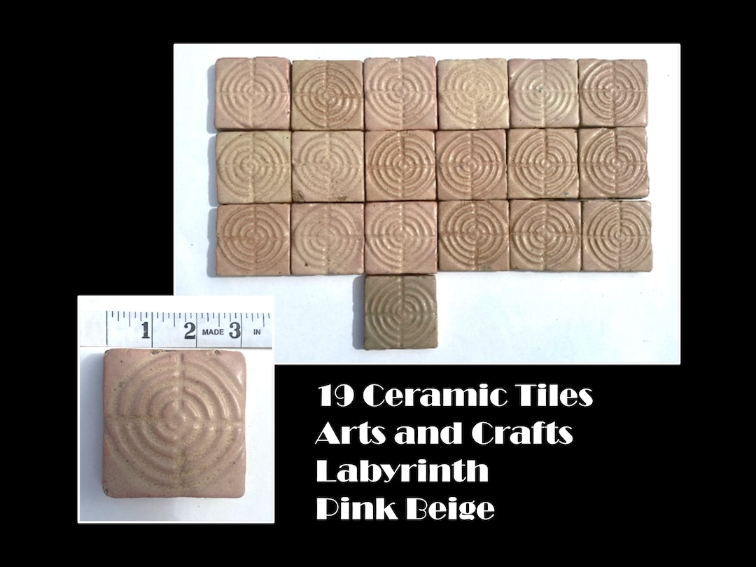 19 Antique Arts and Crafts Tiles, Pink / Beige Circular Labyrinth, 3 X ...