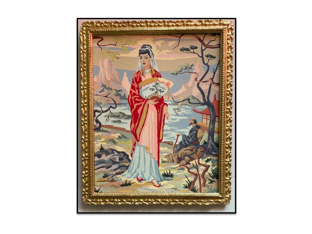 Paint by Number Japanese Woman and Seaside Landscape Painting in Gold ...