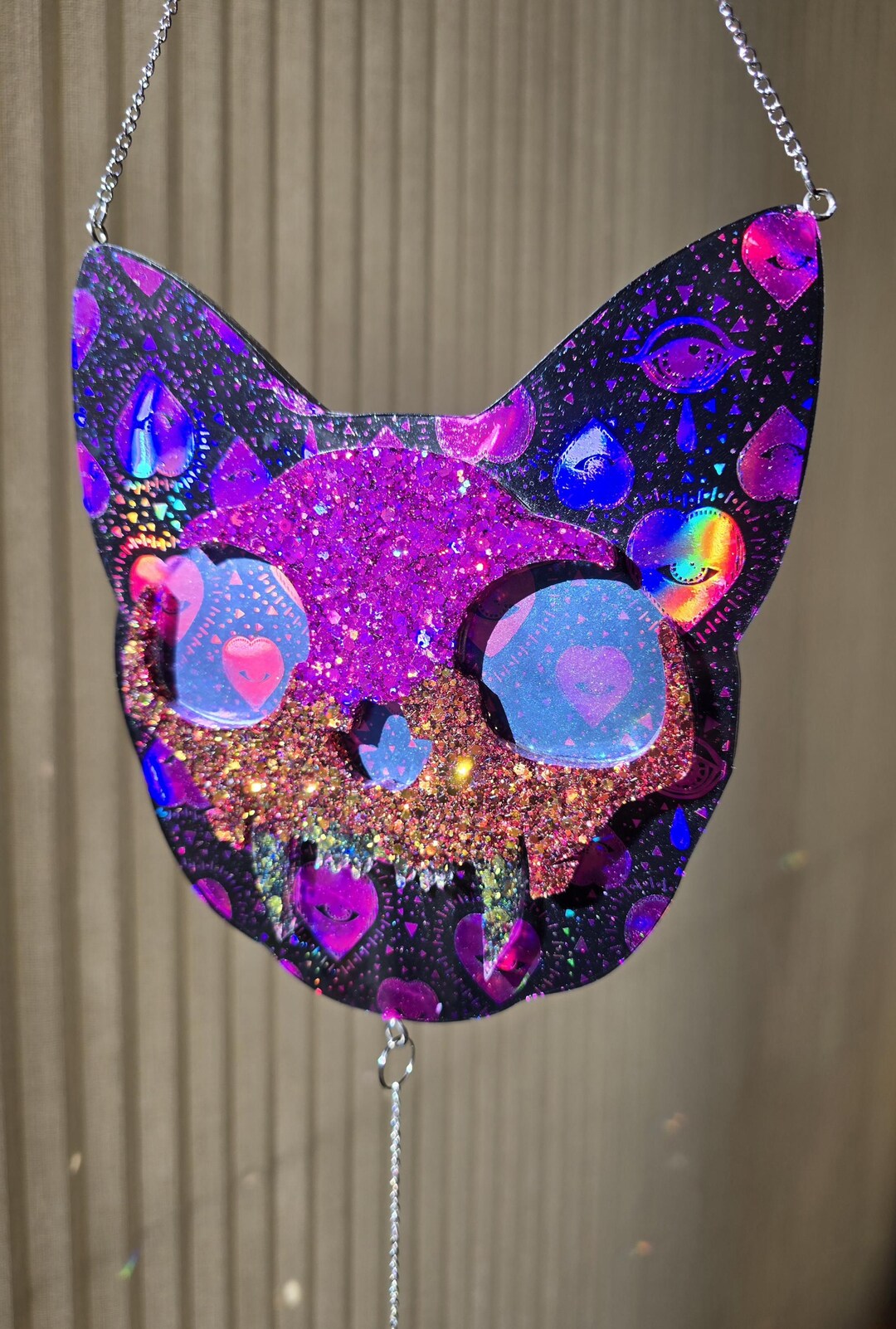 Cat Skull Hanger With Sun Catcher, Feline Art, Home Decor, Glitter Cat ...