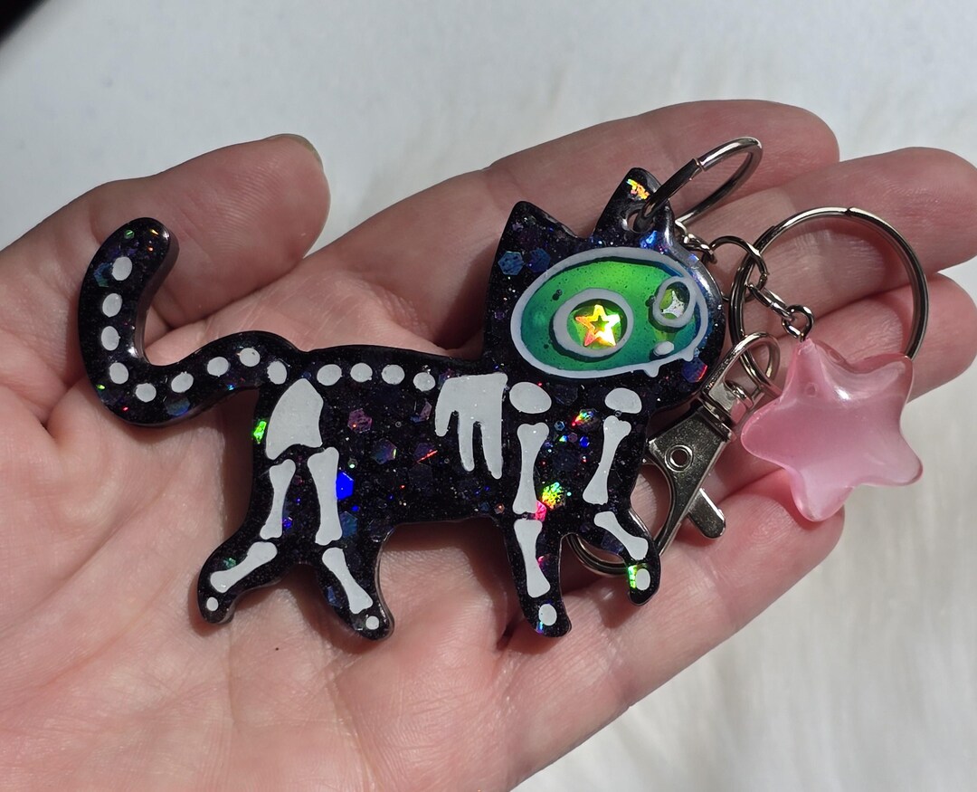 Skelly Cat Keychain, Glow in the Dark, Star Charm, Kitty, Sparkly ...