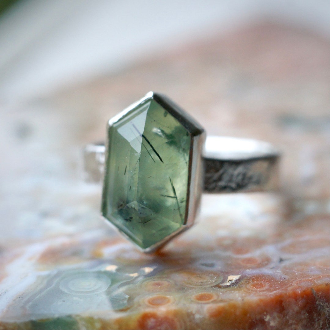 Custom Tourmalinated Prehnite Ring in 925 Sterling Silver. Bezel Set ...