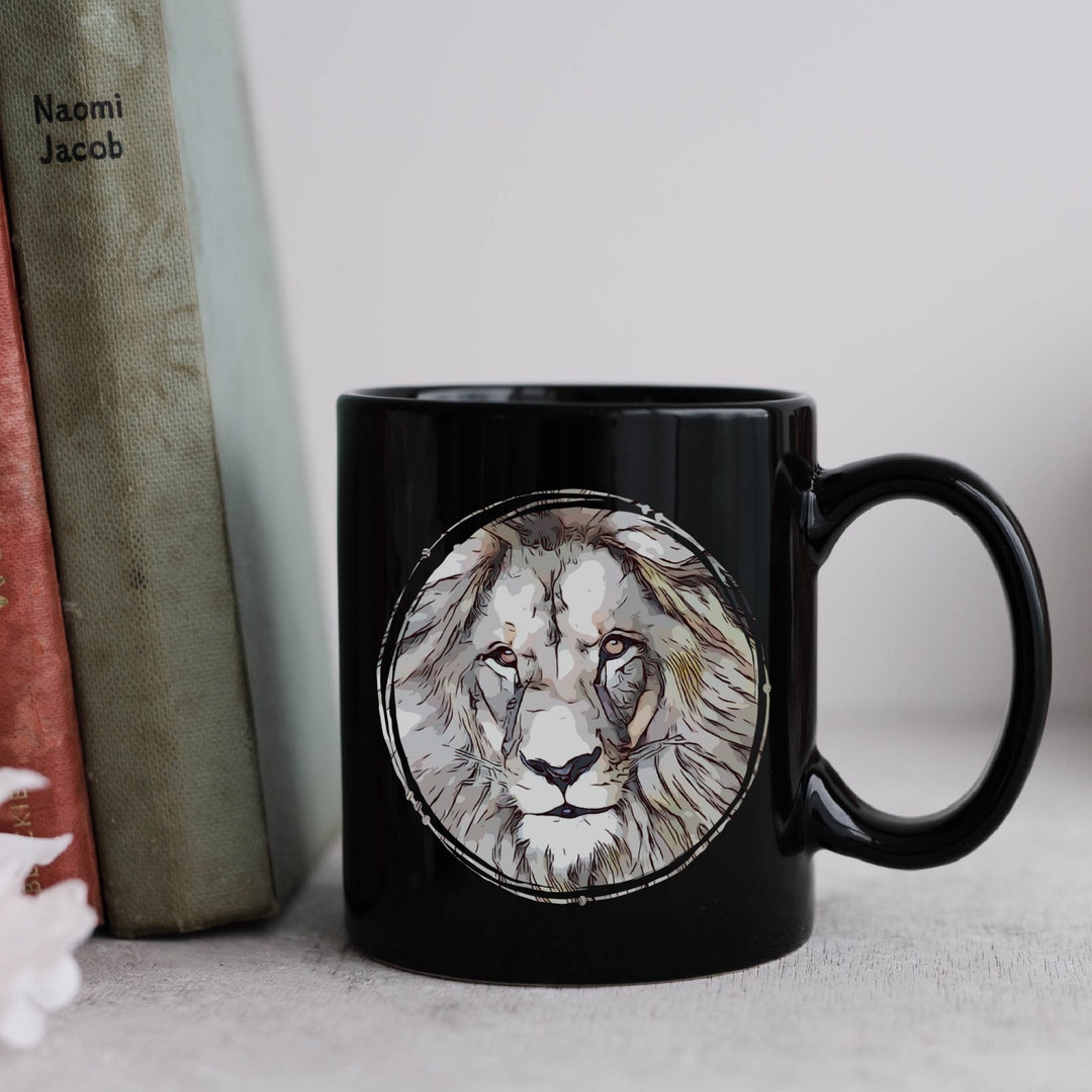 Lion Head Mug, Majestic Male Lion on Black, 15 Oz Ceramic Mug ...