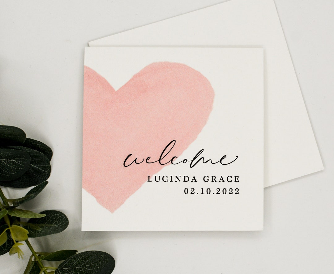 Personalised New Baby Card & Envelope. Pink Watercolour Heart. - Etsy