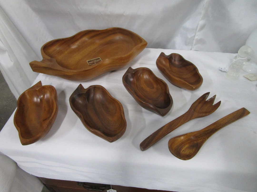 Vintage Leilani Monkey Pod Party Salad Serving Set for 4 With Serving ...
