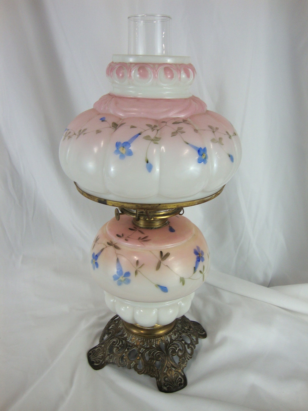Vintage Milk Glass Handpainted Flowers Oil Kerosene Lamp on Brass ...