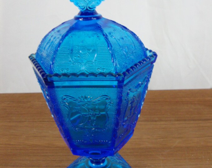 Vintage Imperial Glass Zodiac Signs Colonial Blue Pedestal Candy Dish ...