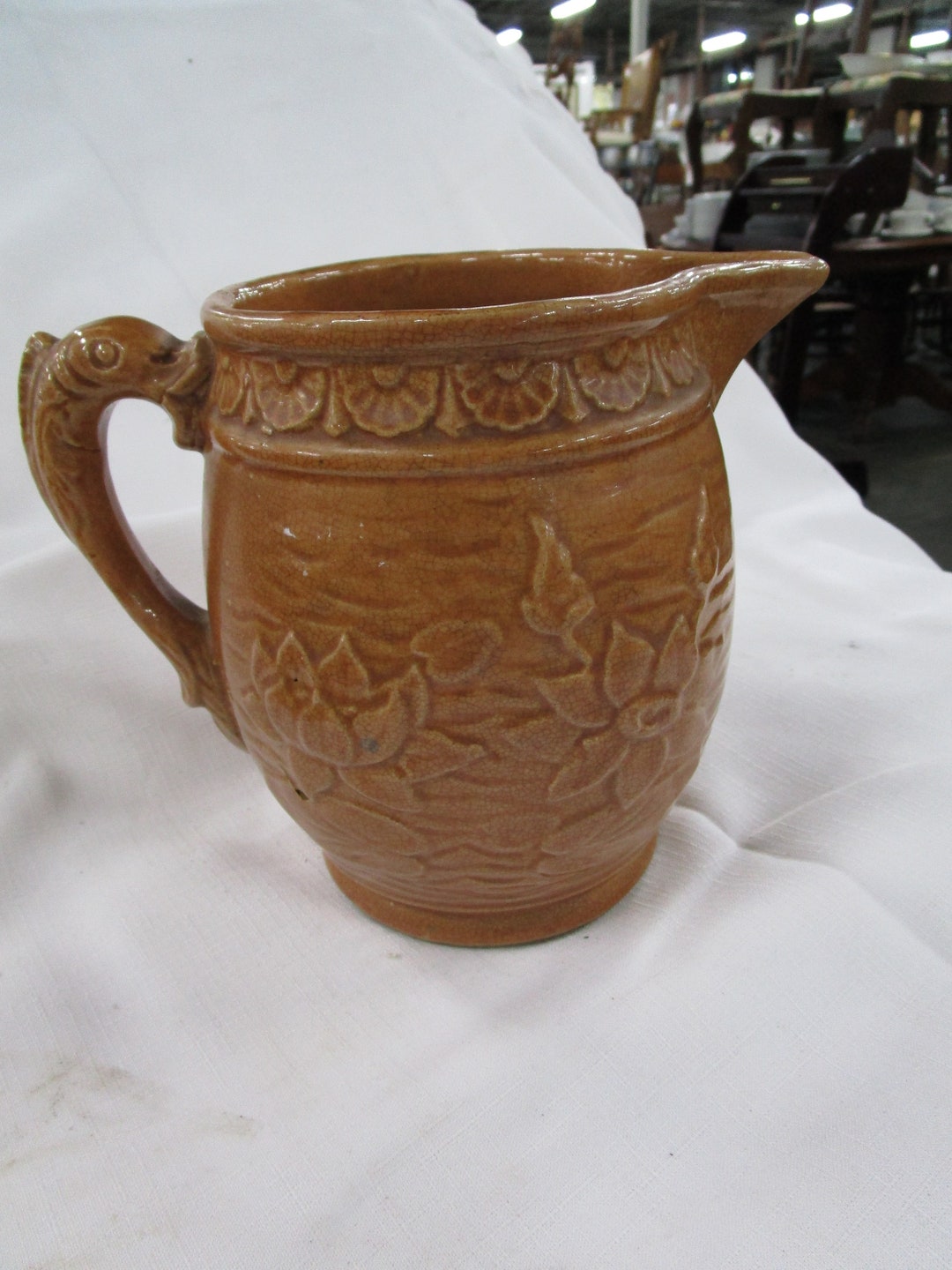 Early Unmarked Mccoy Orange Stoneware Water Lily Pitcher With Fish ...