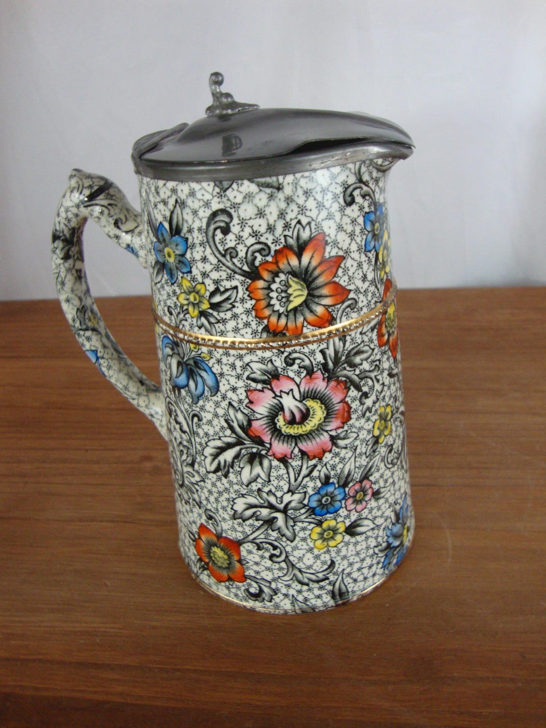 Vintage SJB England Porcelain Floral Stein or Syrup Pitcher With Pewter ...
