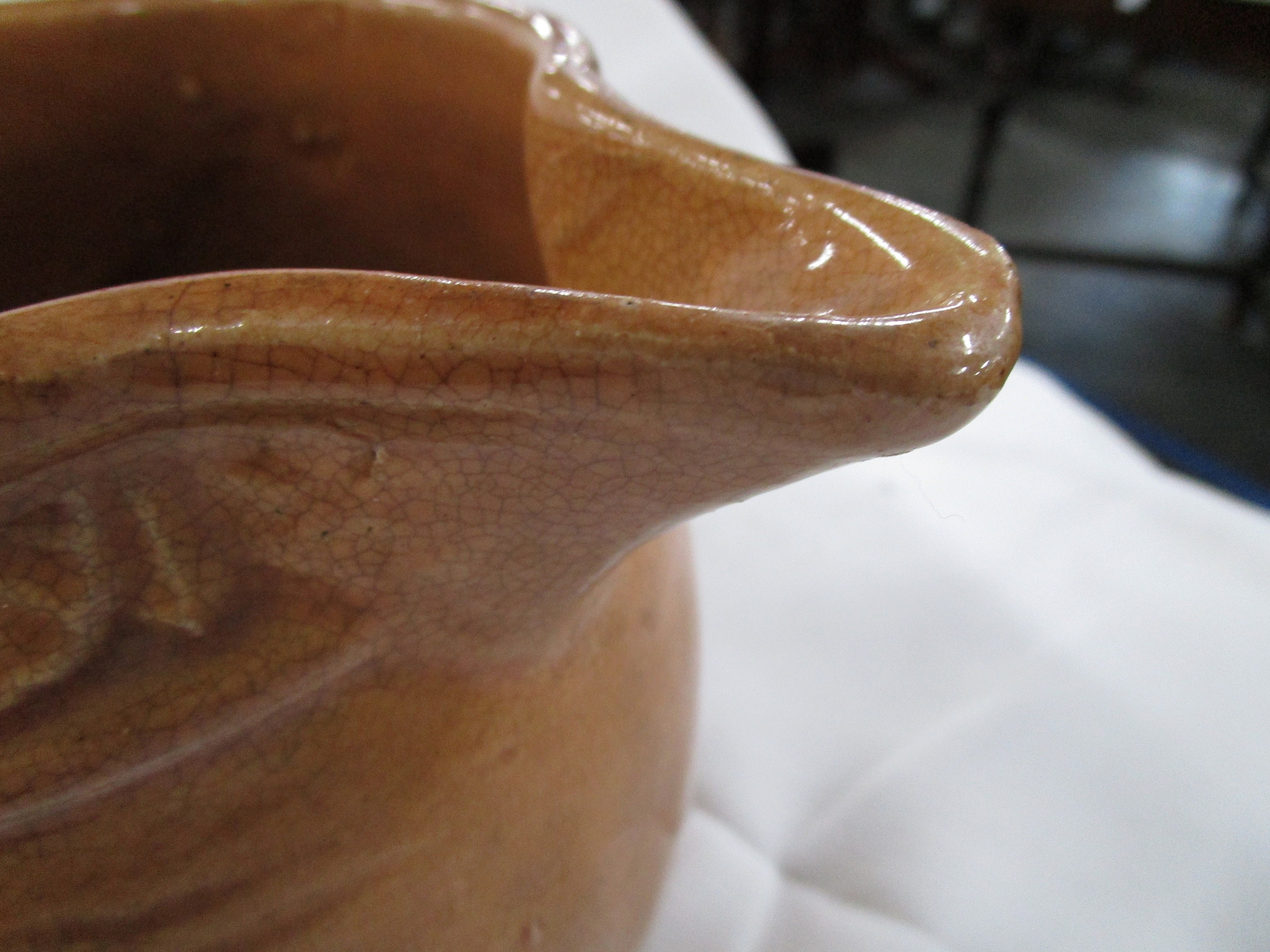 Early Unmarked Mccoy Orange Stoneware Water Lily Pitcher With Fish ...