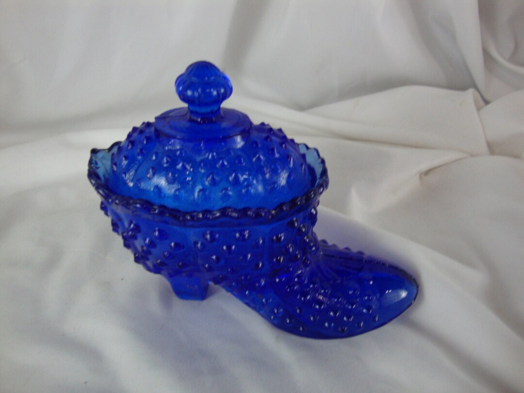 Vintage Cobalt Blue Hobnail Glass Victorian Shoe Slipper With Lid Candy ...