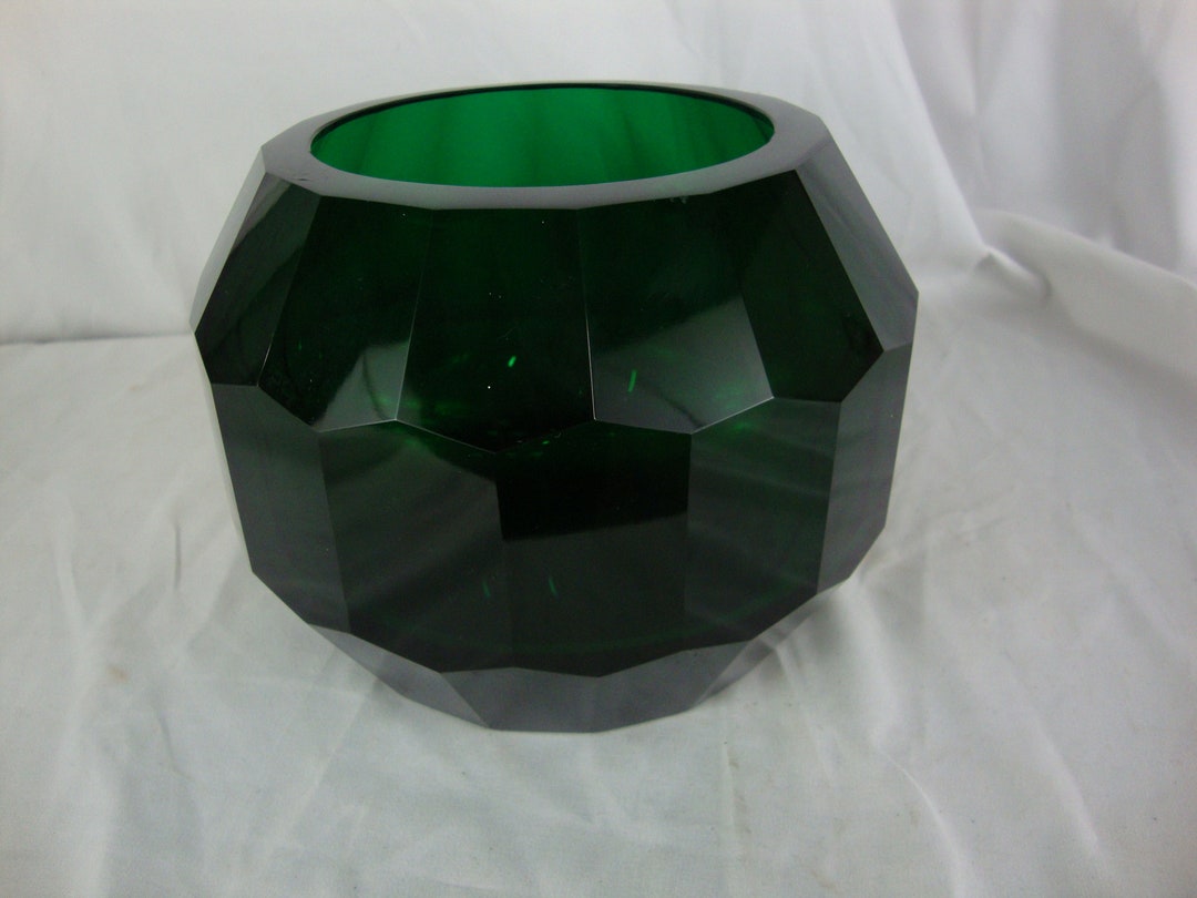 Vintage Dark Emerald Green Glass Crystal Faceted Bowl Vase - Etsy