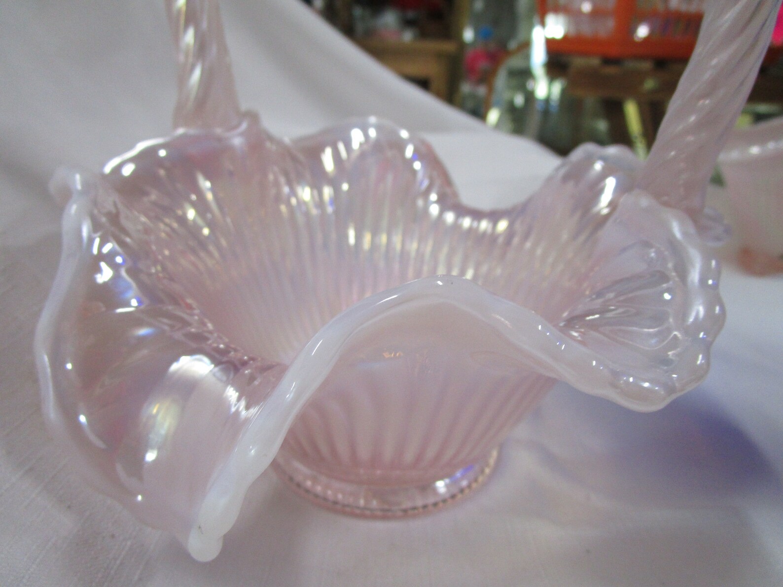 Fenton Pink Opalescent Ribbed Glass Basket - Etsy