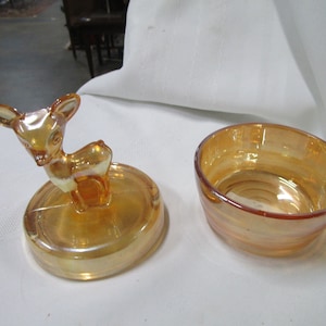 Jeanette Marigold Carnival Glass Fawn Trinket Powder Dish - Etsy