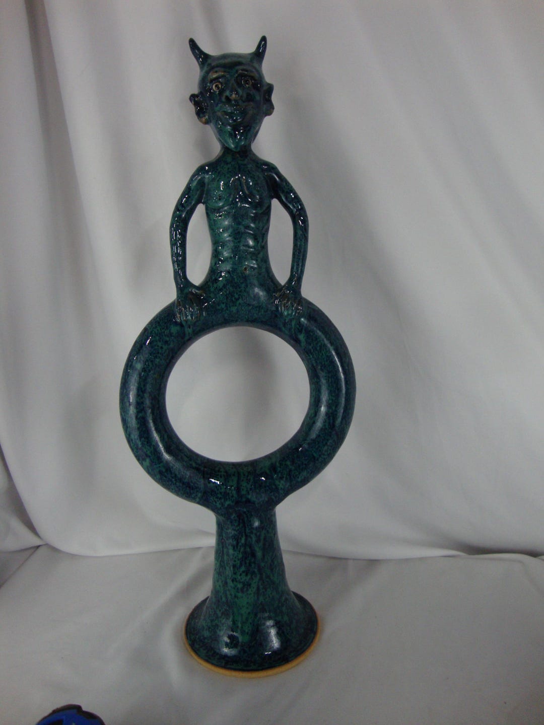 Marvin Bailey Folk Art Potter Aqua Blue Speckle Devil on Circle Body ...