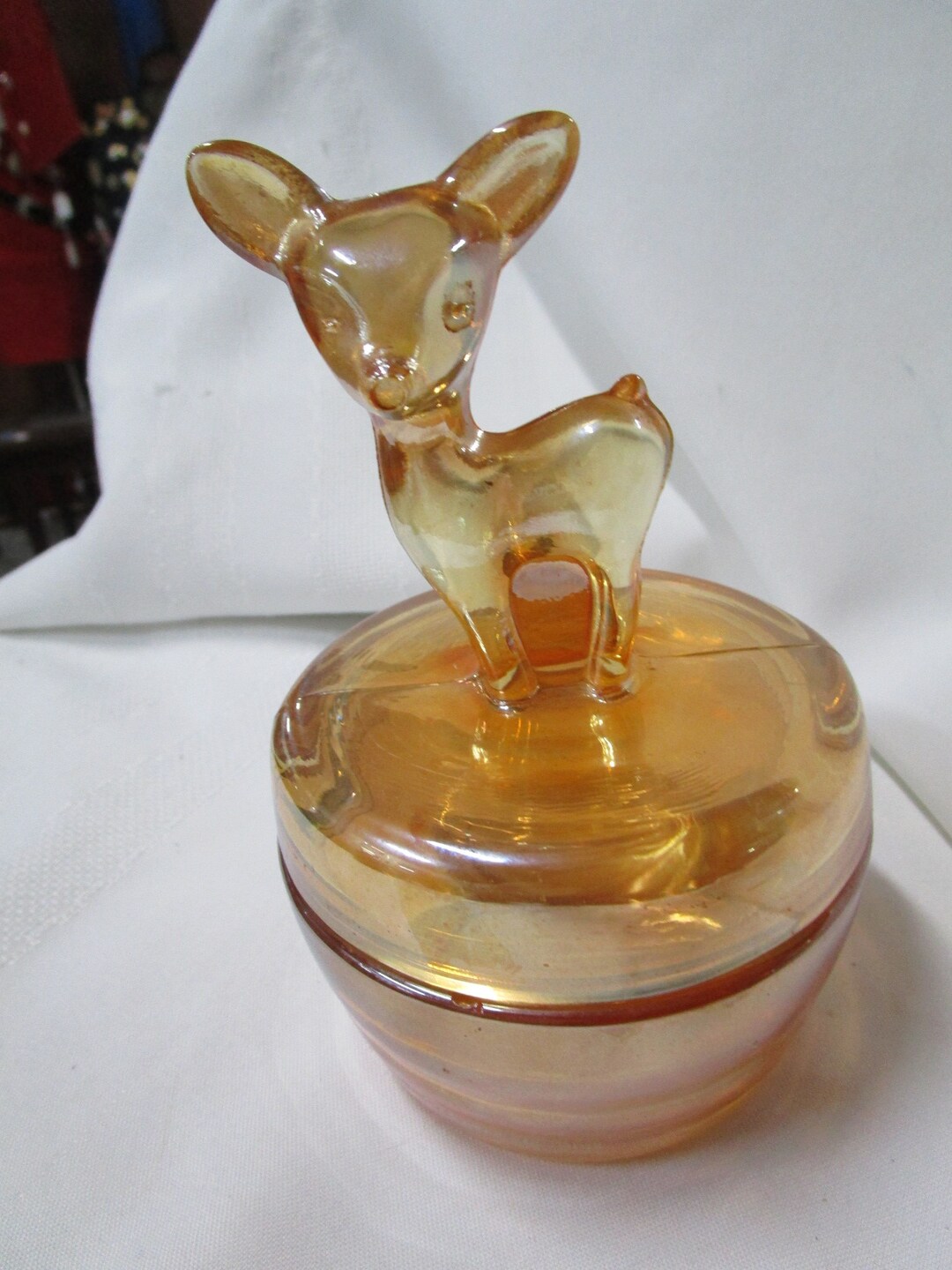 Jeanette Marigold Carnival Glass Fawn Trinket Powder Dish - Etsy