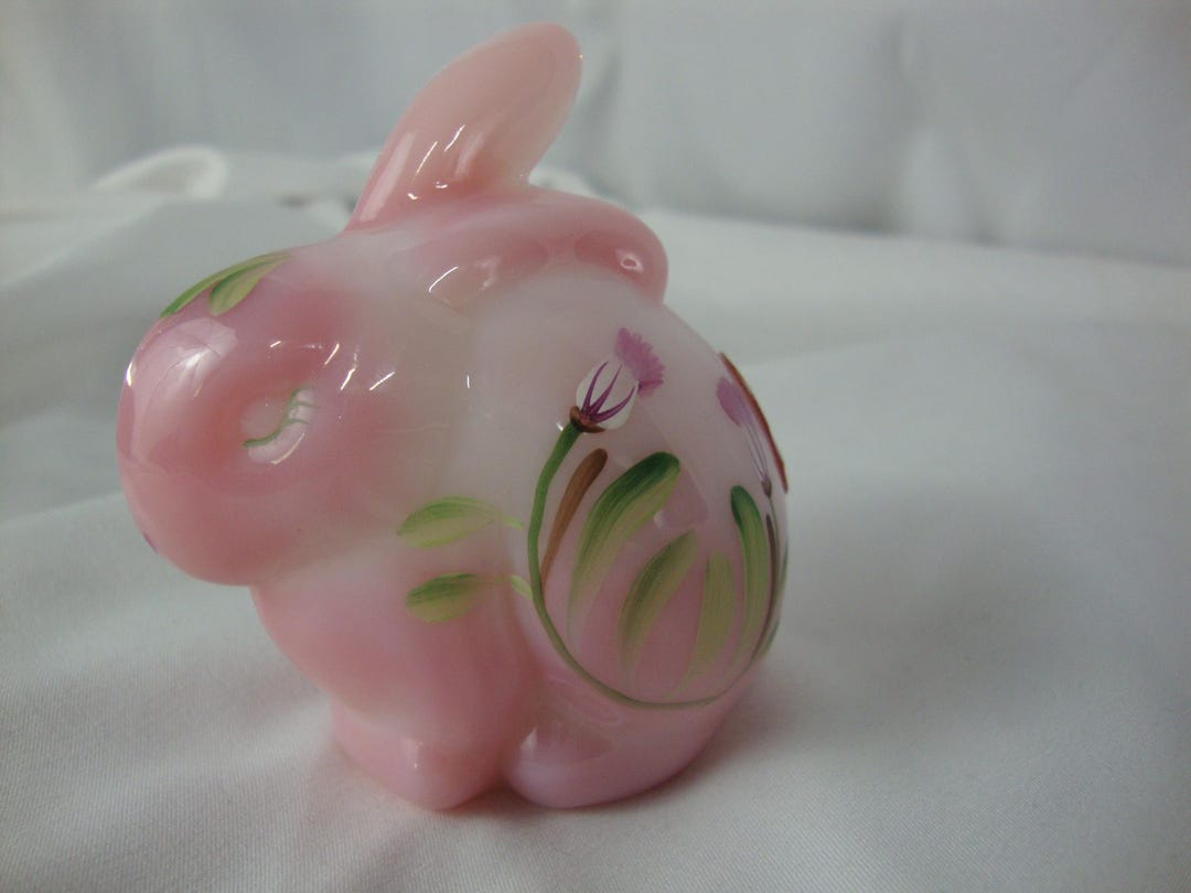Vintage Fenton Art Glass Signed Handpainted Rosalene Pink Bunny Figure ...