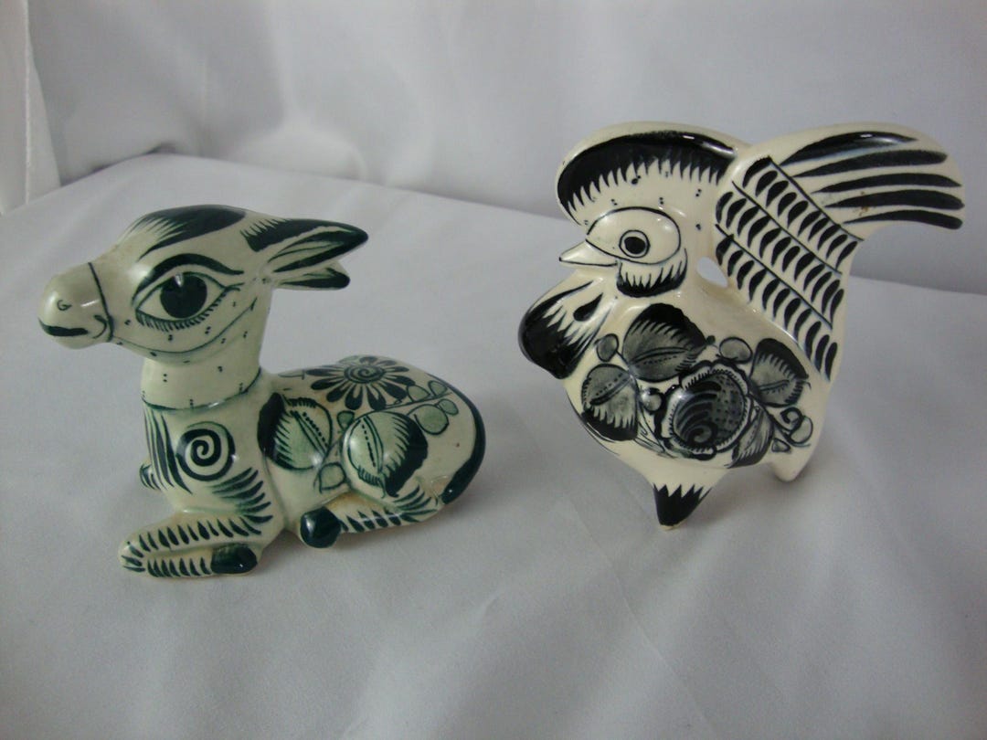 Vintage Tonala Mexico Donkey & Rooster Chicken Small Figurines Set of 2 ...