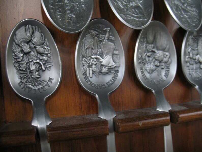 Vintage American Colonies Pewter Spoon Collection With Wooden Display ...