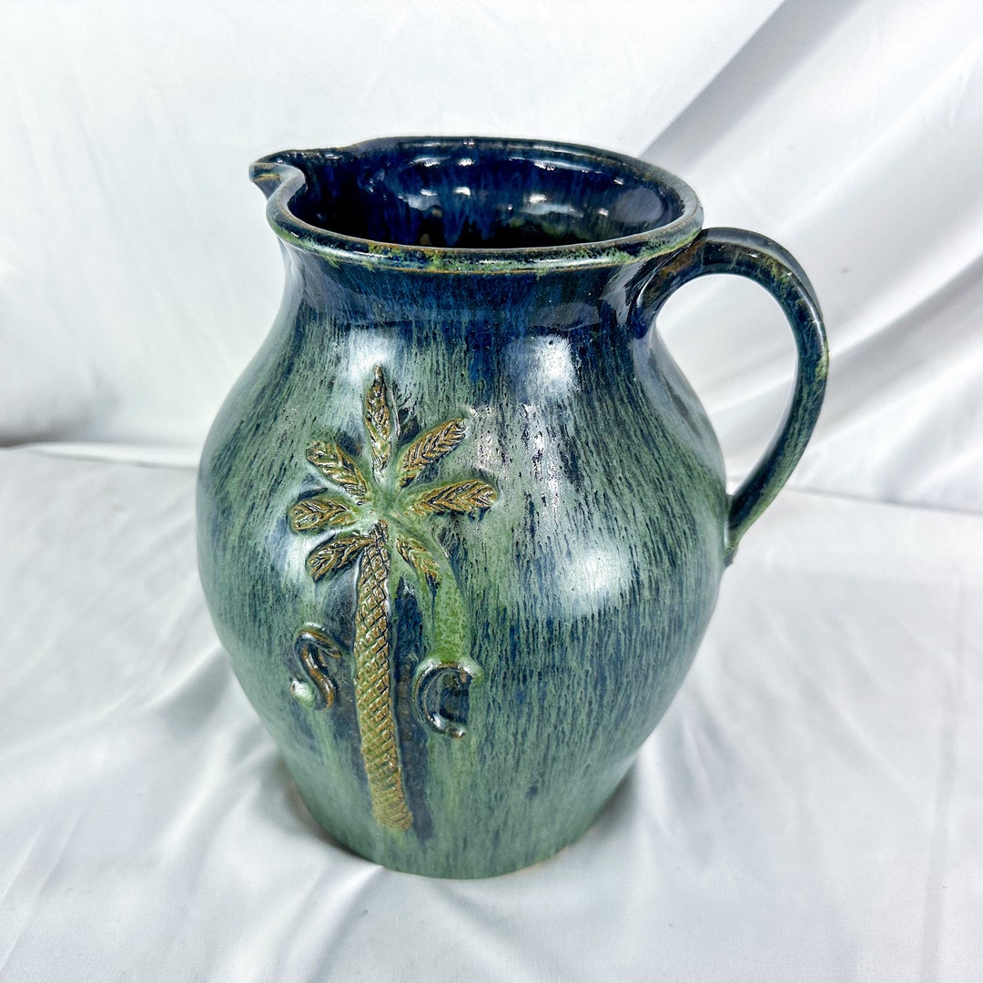 Double-signed Marvin Bailey Blue Green Glaze Palmetto Tree Pitcher - Etsy
