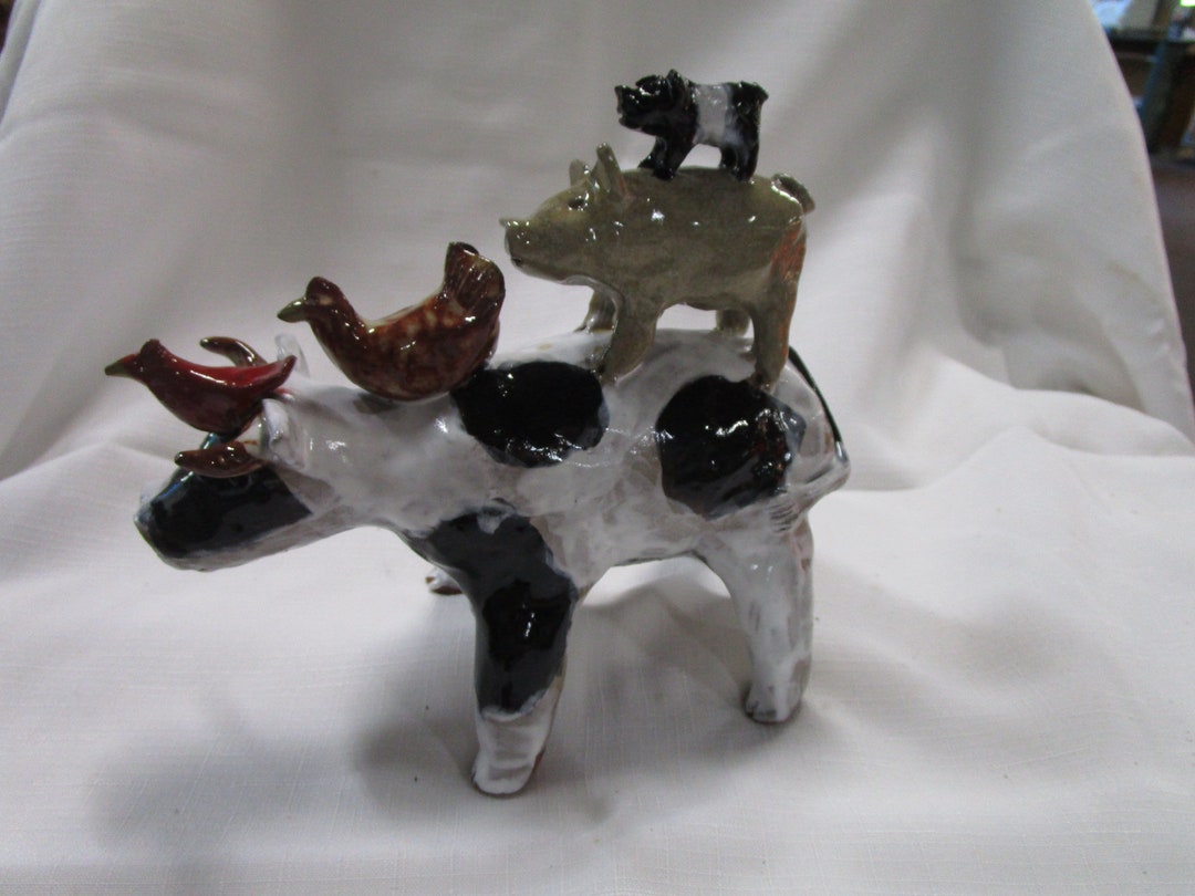 Lynn Bailey Artist Signed Folk Art Cow and Friends Pottery Decor - Etsy