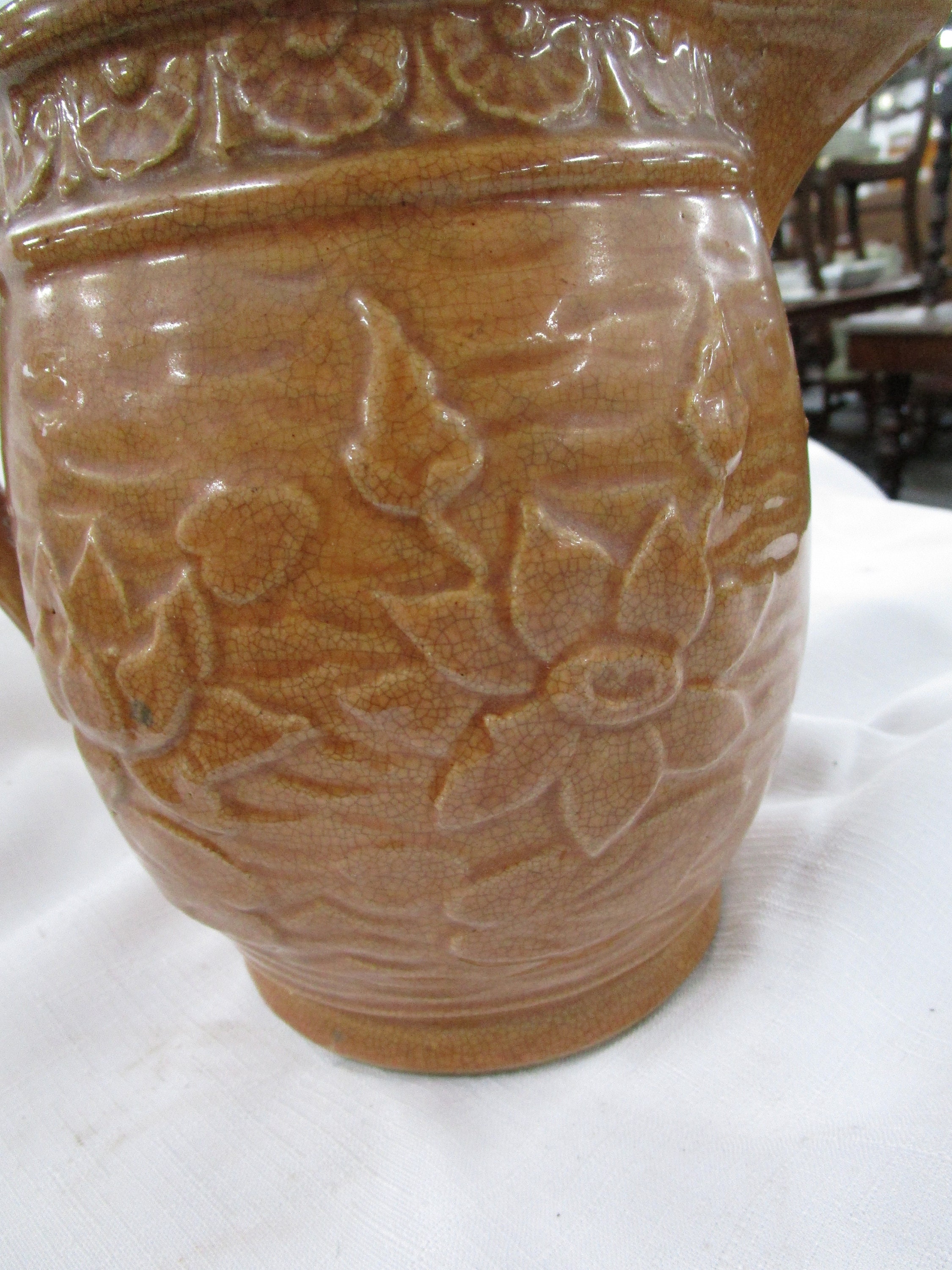 Early Unmarked Mccoy Orange Stoneware Water Lily Pitcher With Fish ...