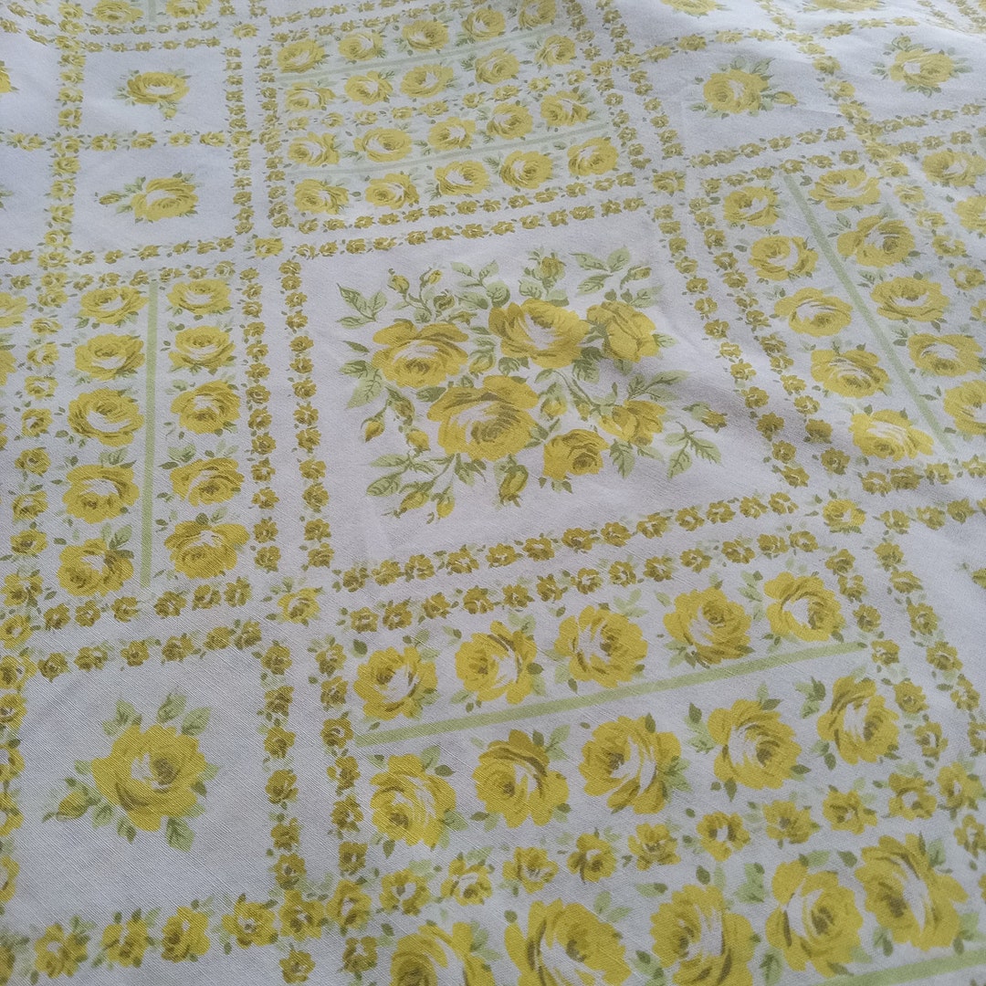 Queen Yellow Rose Sheet Vintage Flat Bed Linen 60s Country Farmhouse ...