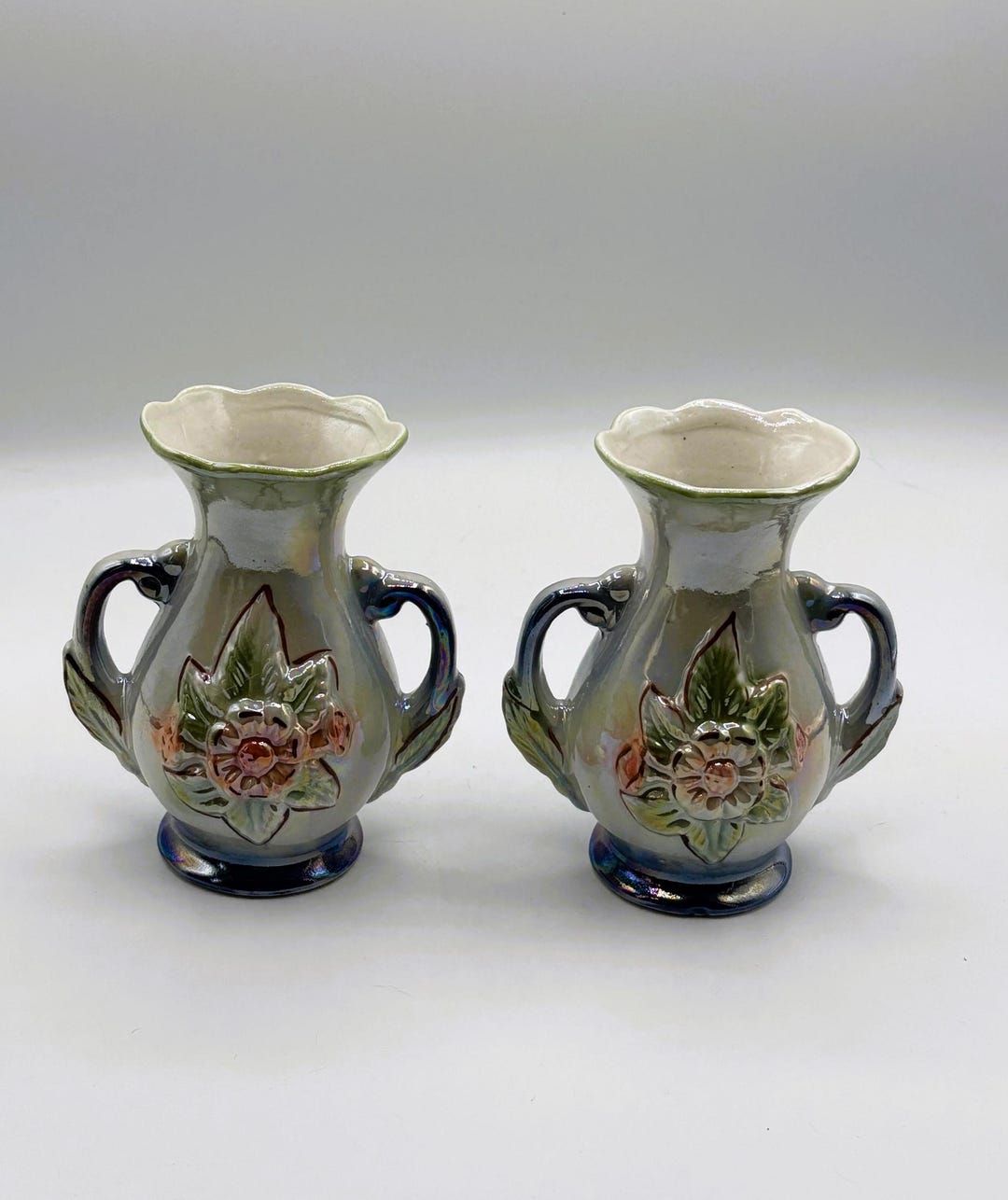 2 Vintage Lusterware Floral Vases Made in Brazil Blues and Greens ...