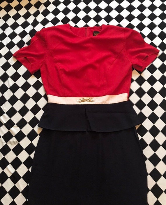 80s Red White & Navy Blue Color Block Pencil Dress w/… - Gem