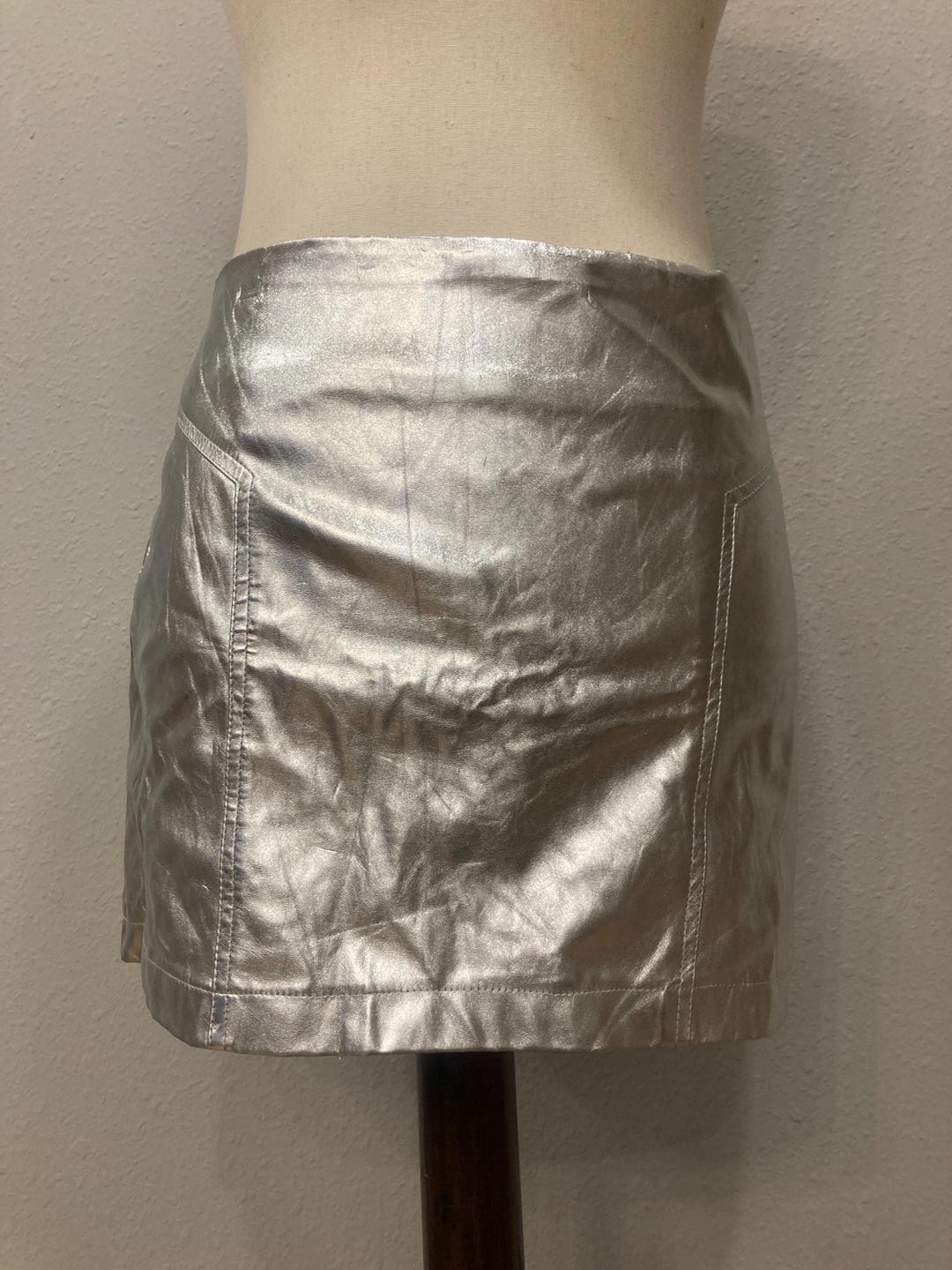 Metallic Silver Miniskirt - Faux Leather Mini Skirt - Y2K Vintage ...