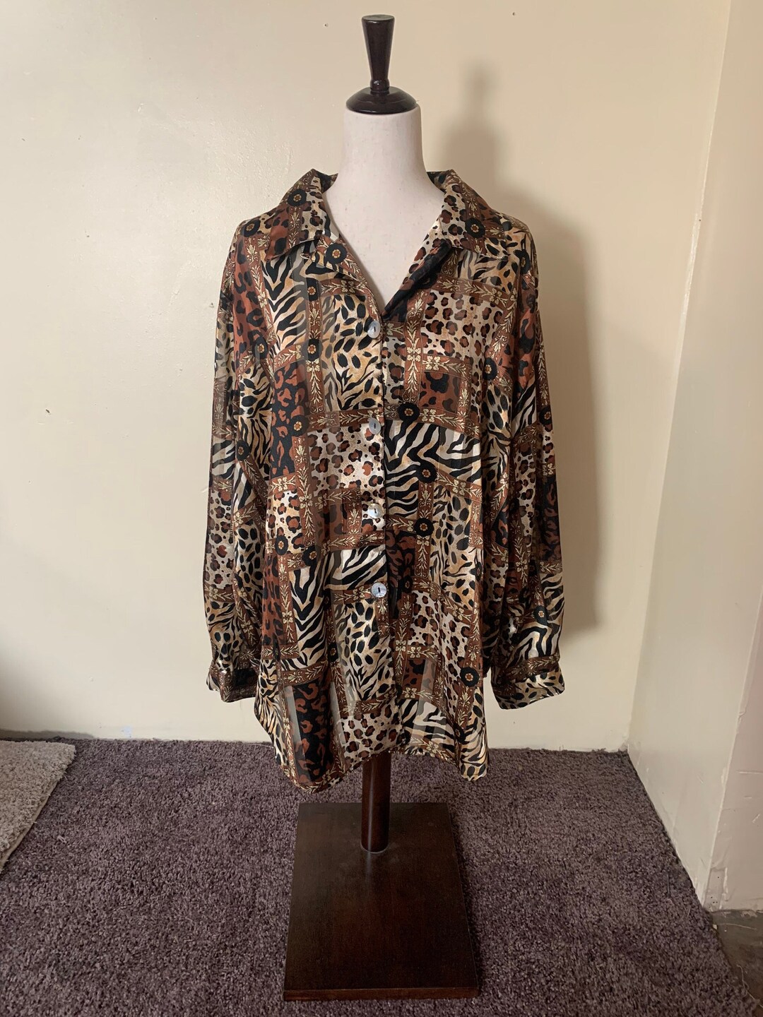 90s Vintage Plus Size Cheetah Print Blouse Sheer Animal Print Button ...