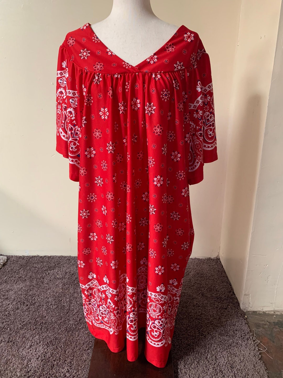 1970s Vintage Mumu House Dress - Cherry Red Bandana Print Dress - 70s ...