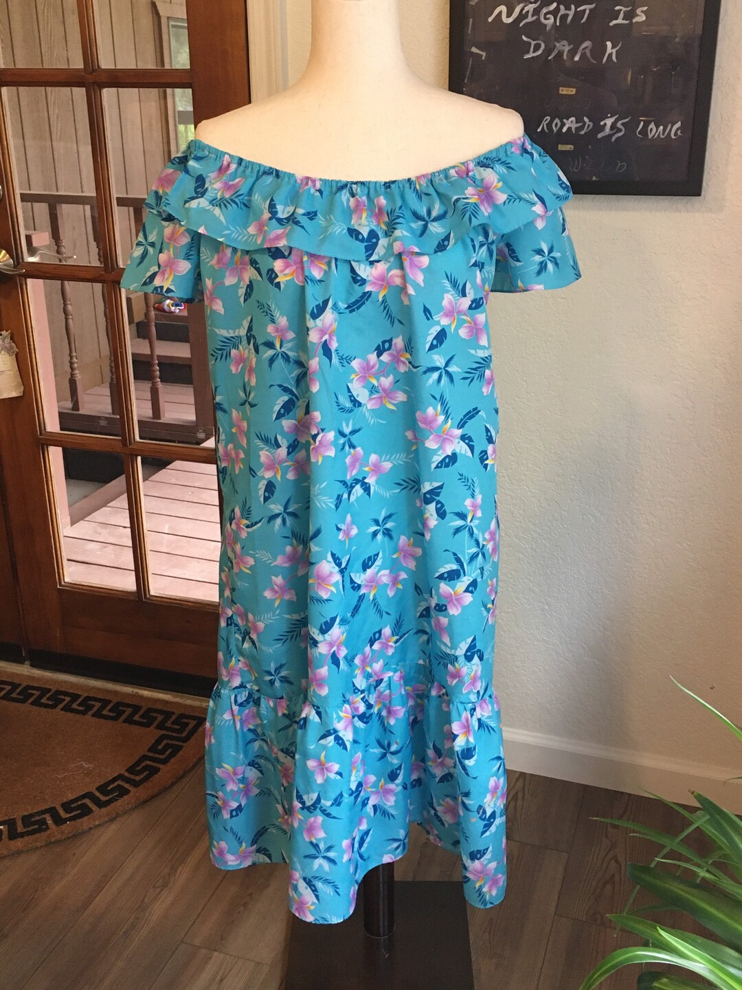 XL Vintage Baby Blue Hawaiian Print Aloha Dress W/ Lavender Tropical ...