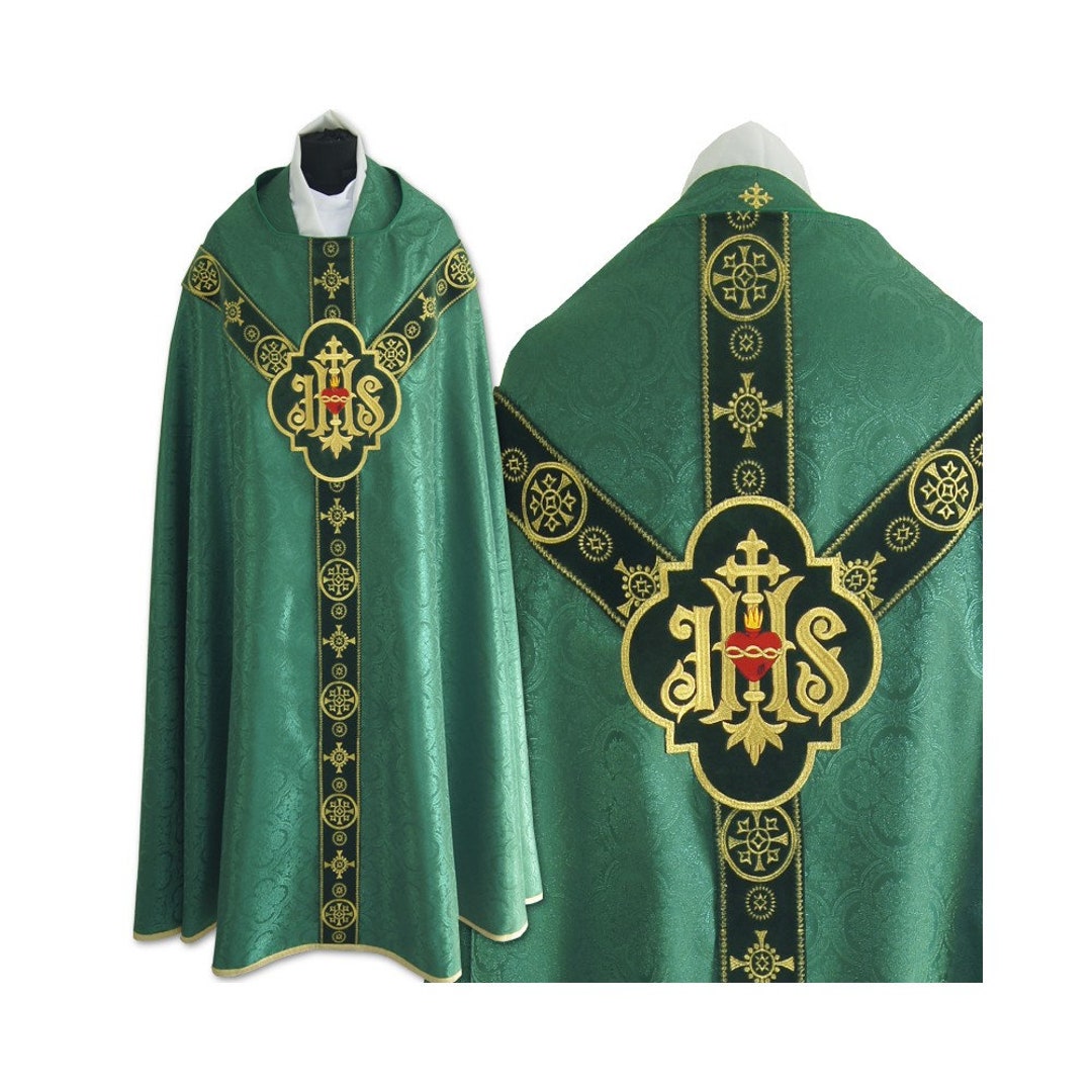 Green Conical Chasuble With IHS Symbols, Vestments for Priest, Catholic ...