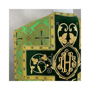 Green Roman Style Fiddleback Chasuble With a Maniple, Burse and Chalice ...
