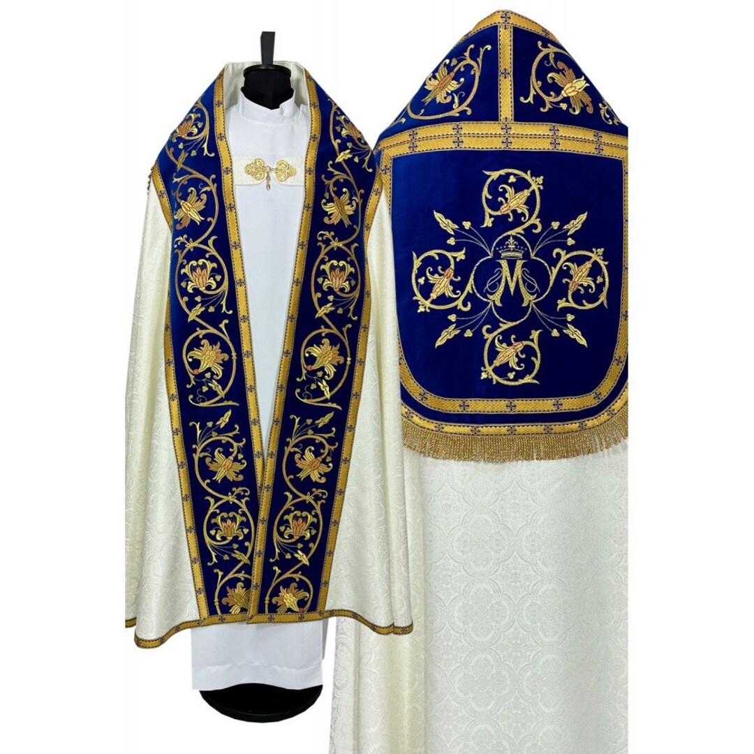 Marian Cope With a Stole, Gold Blue White Cope Chasuble, Vestments for ...