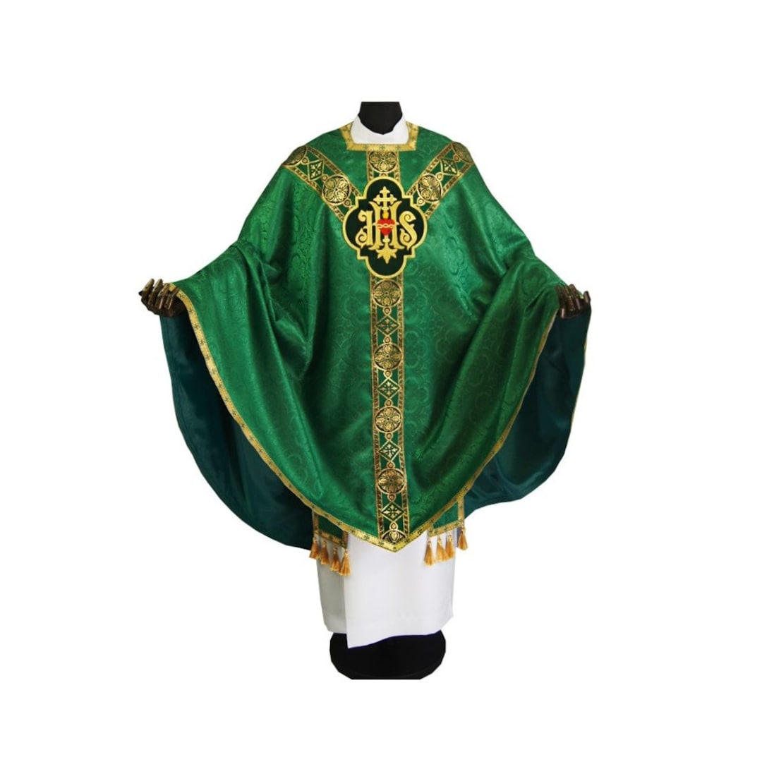 Green Conical Chasuble With IHS Symbols, Vestments for Priest, Catholic ...