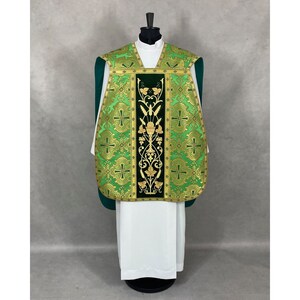 Green Roman Style Fiddleback Chasuble With a Maniple, Burse and Chalice ...