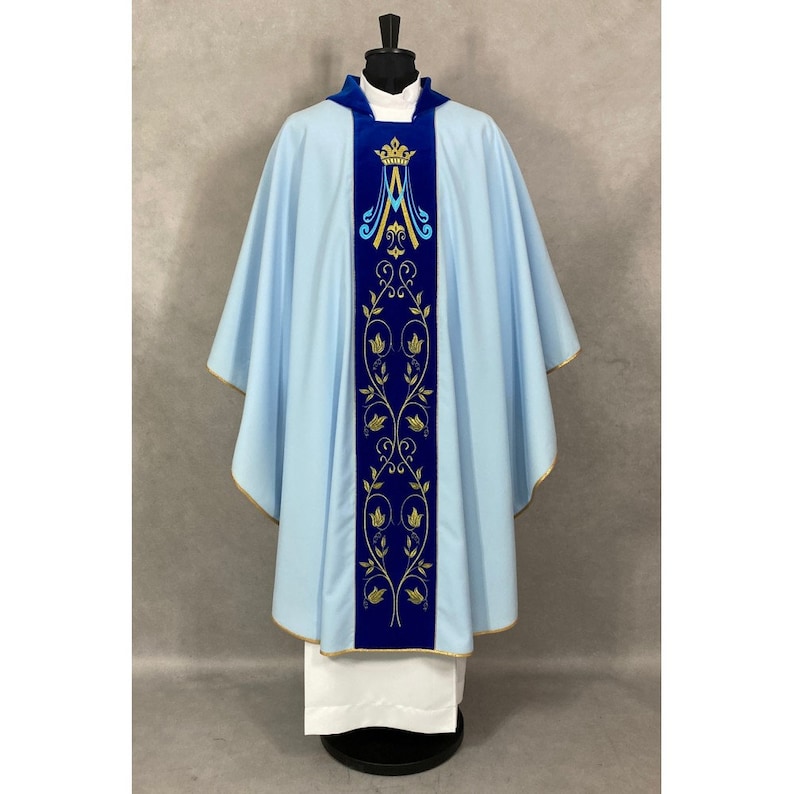 Marian Chasuble – Blue Brocade Vestment With Embroidered Stole - Etsy