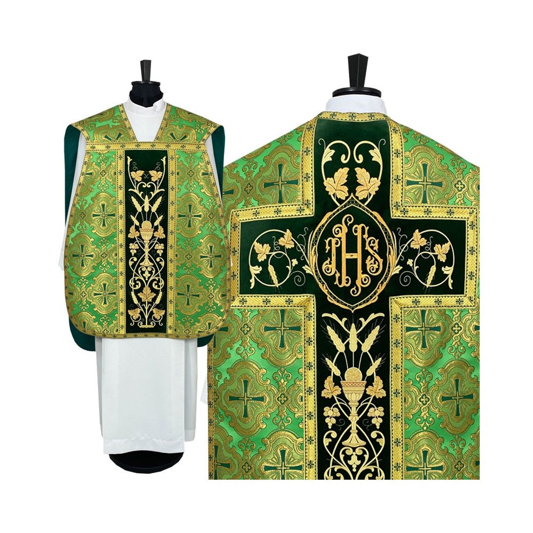 Green Roman Style Fiddleback Chasuble With a Maniple, Burse and Chalice ...