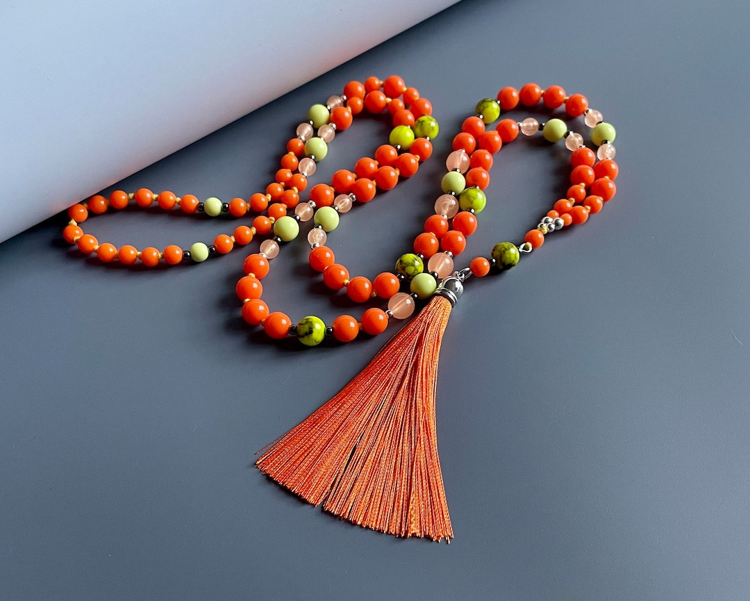 Collar naranja con borlas, collar largo de cuentas naranjas y amarillas ...