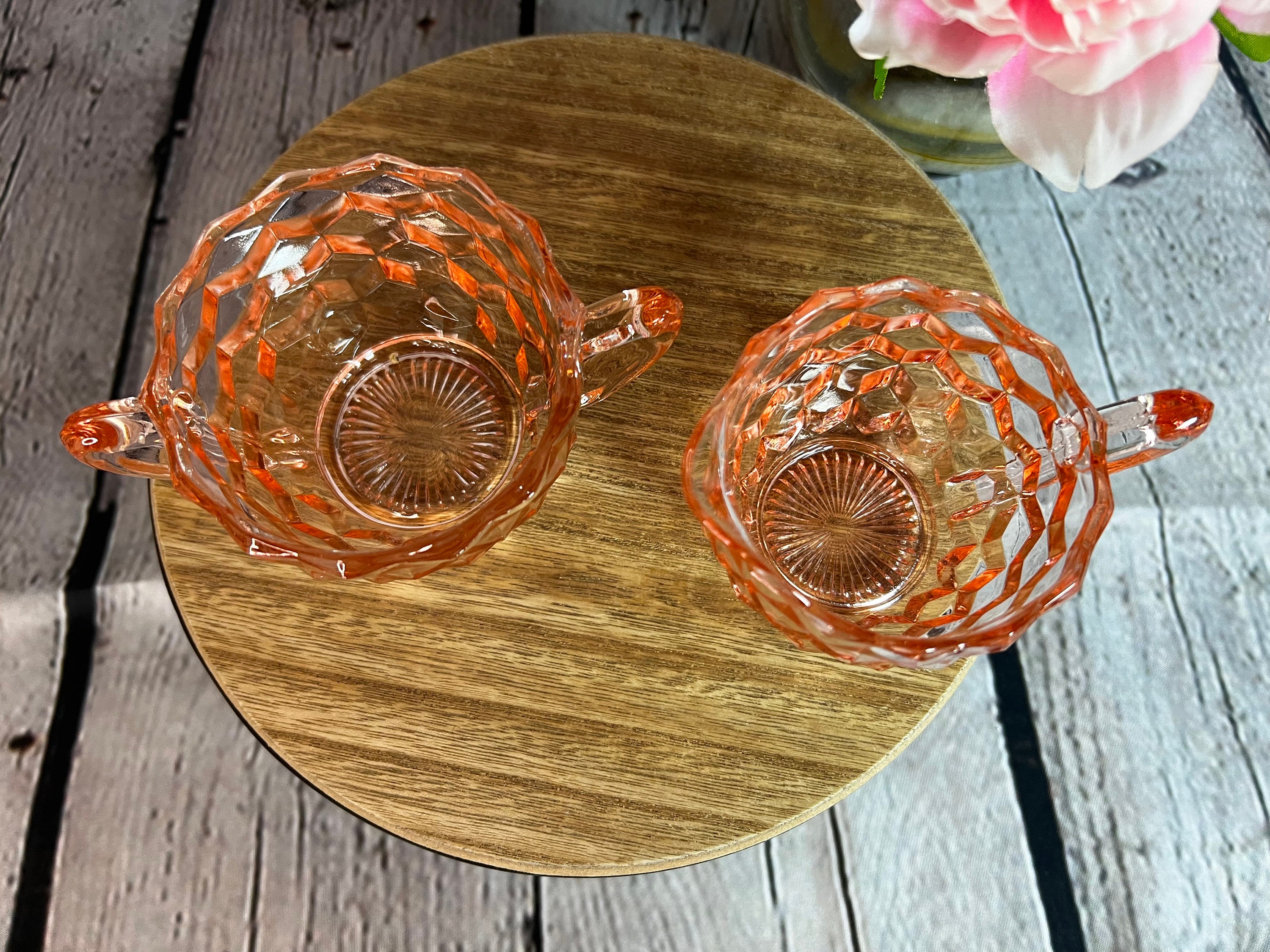 Vintage 1930s Jeanette Pink Depression Glass Cube Pattern Sugar Bowl ...