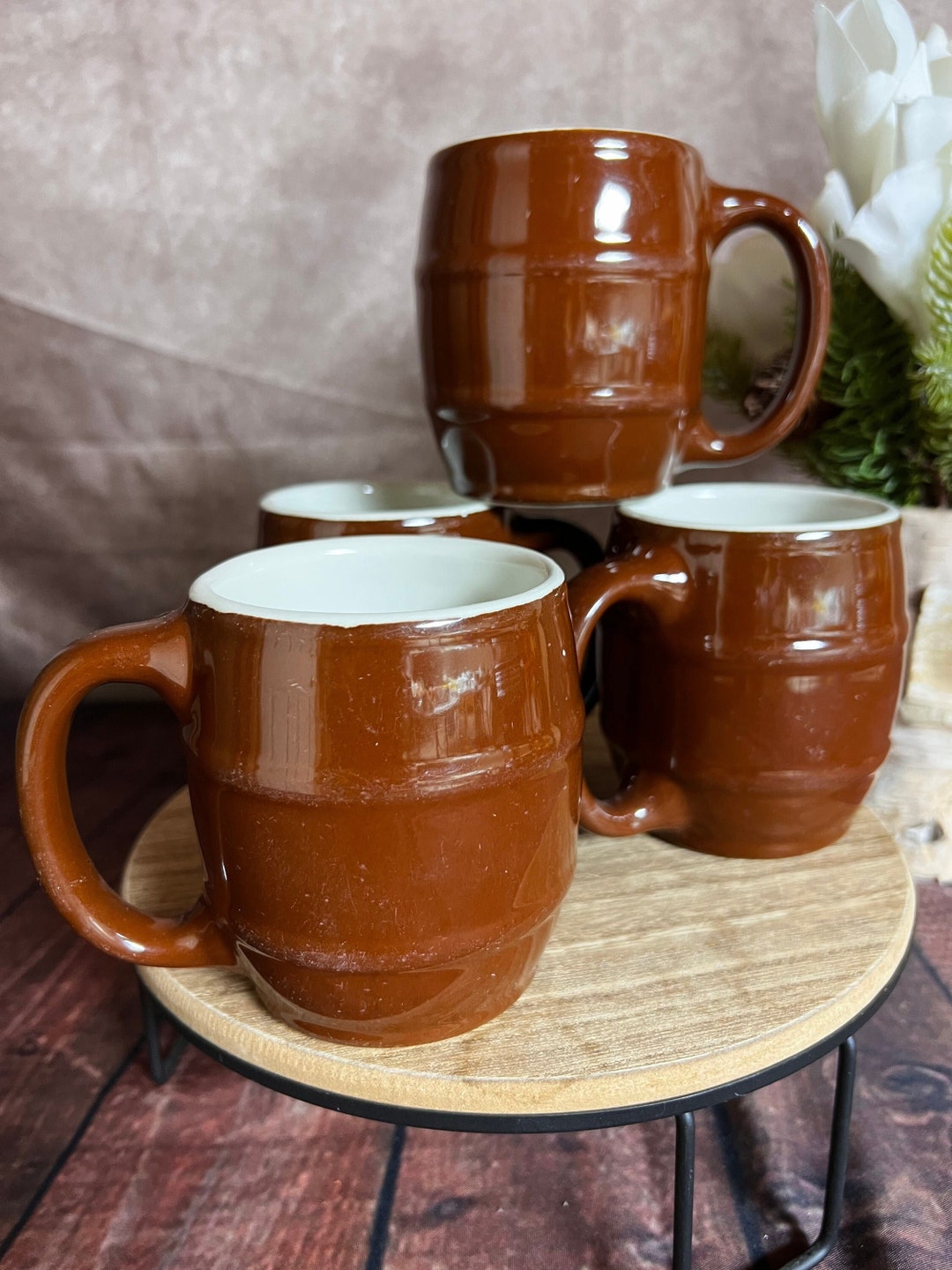 Vintage Set of 4 Hall Pottery Brown Barrel Mugs - Etsy