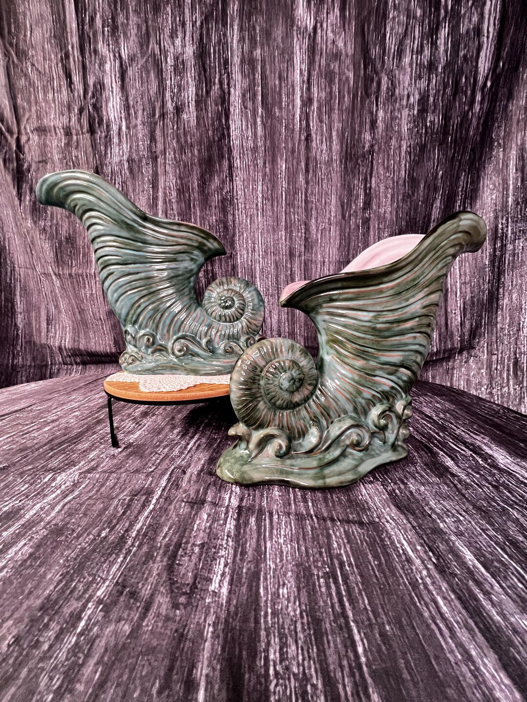 Vintage 1950s Stangl Terra Rose Green #3705 Large Scroll Horn Vases (2 ...