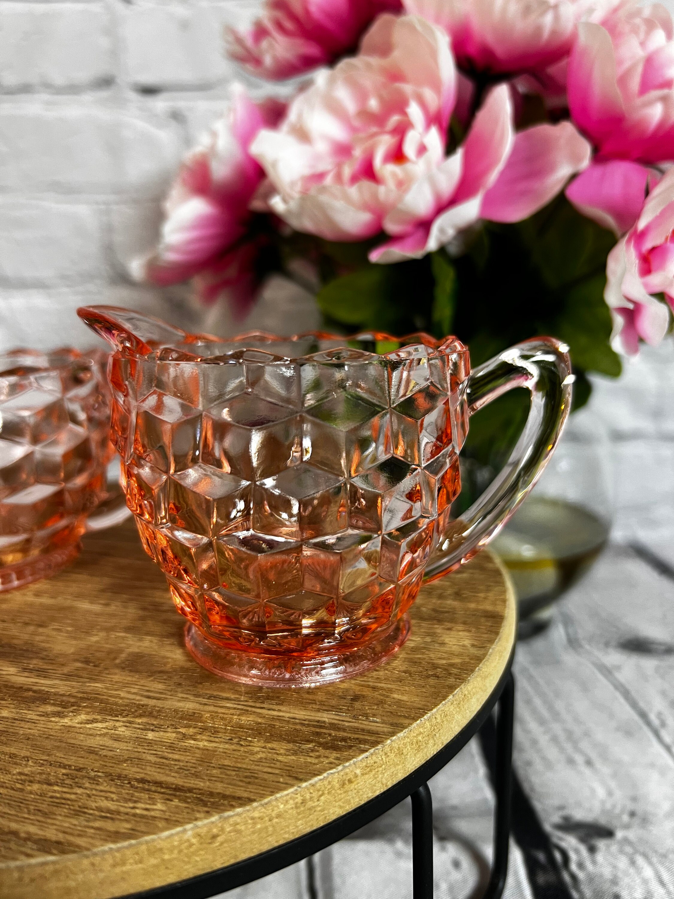 Vintage 1930s Jeanette Pink Depression Glass Cube Pattern Sugar Bowl ...