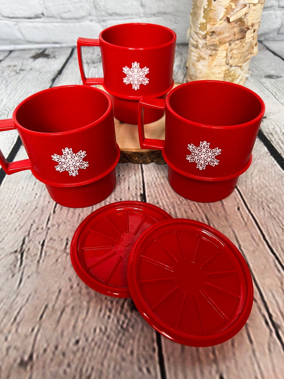 Vintage Tupperware Set of 3 Red Snowflake Mugs - Etsy