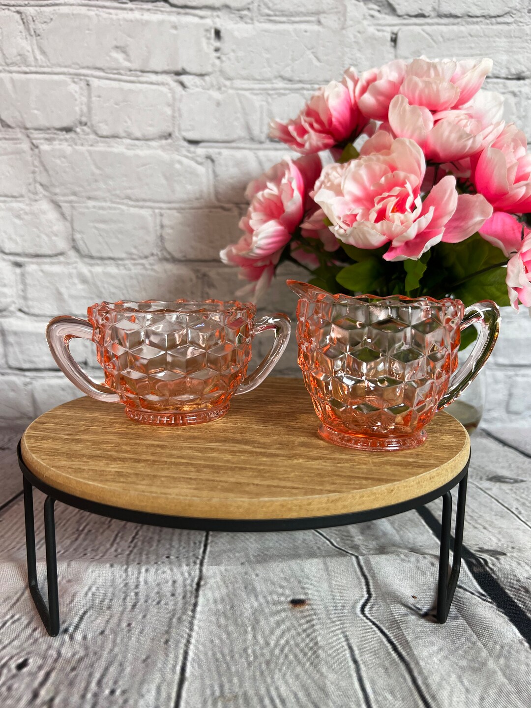 Vintage 1930s Jeanette Pink Depression Glass Cube Pattern Sugar Bowl ...