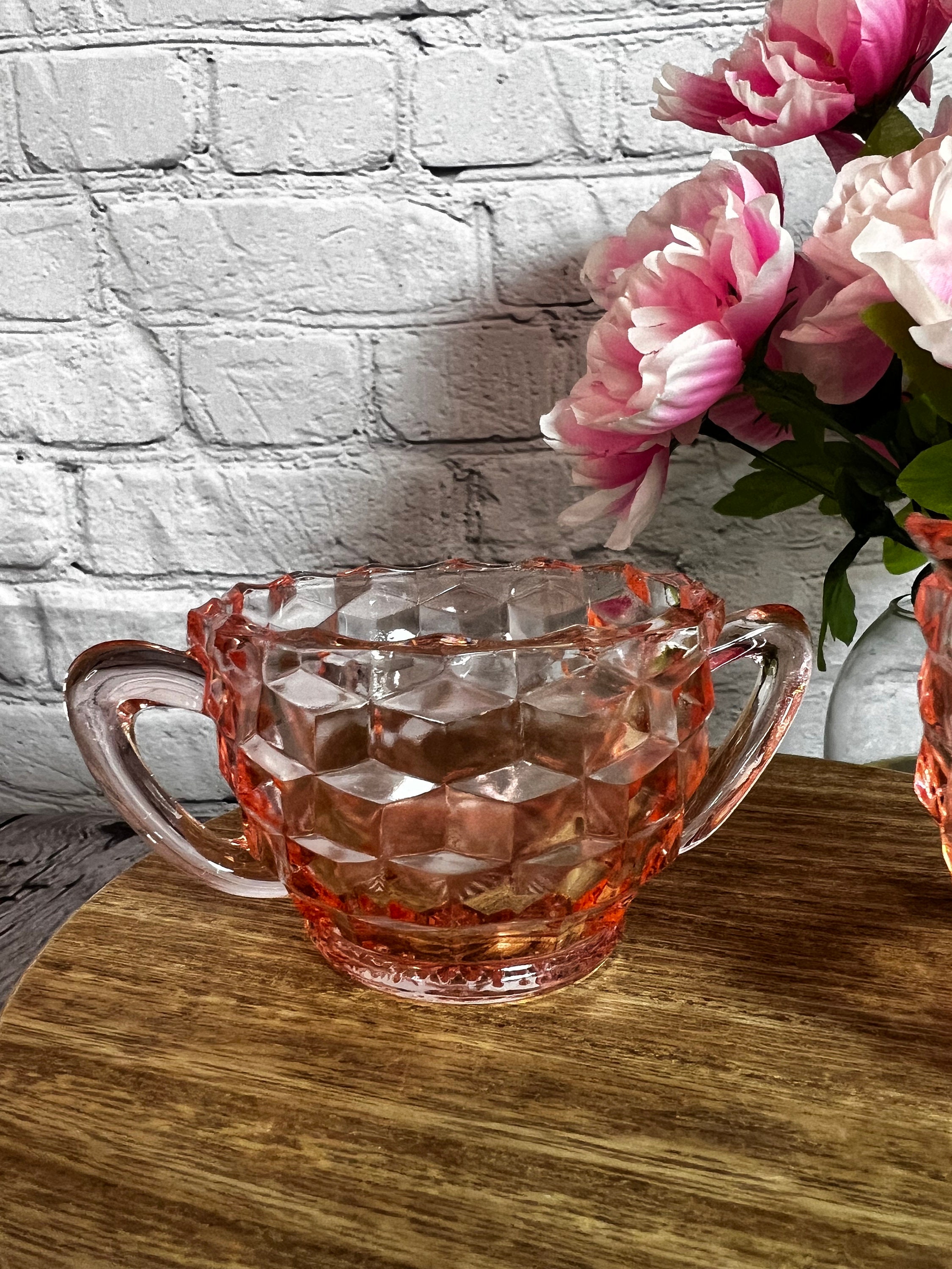 Vintage 1930s Jeanette Pink Depression Glass Cube Pattern Sugar Bowl ...
